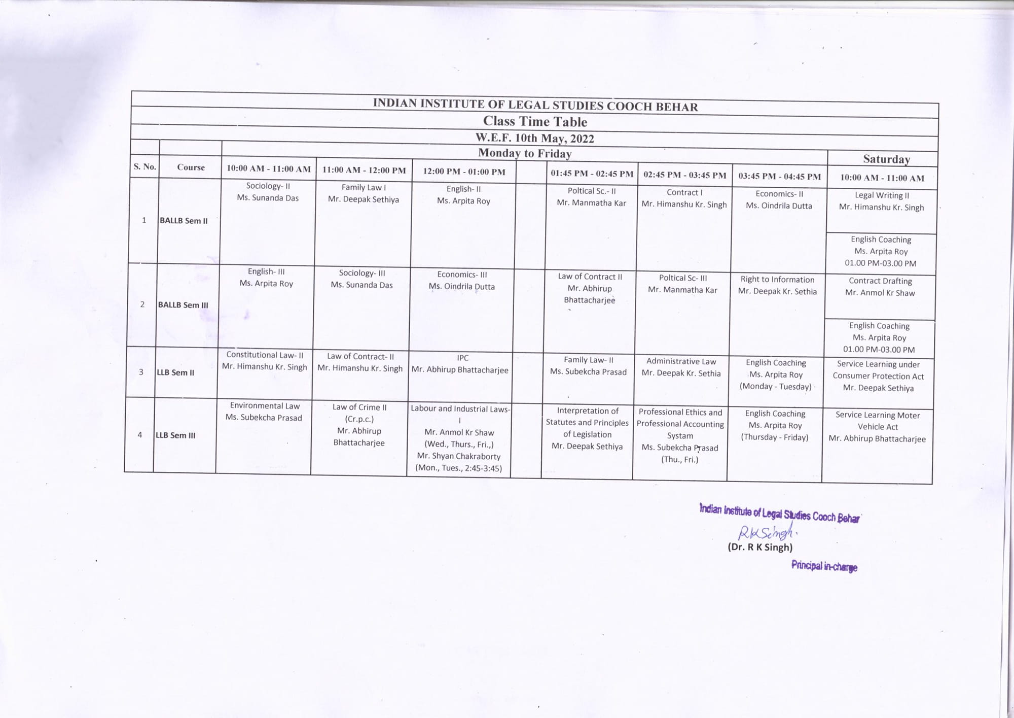 Class Time Table Indian Institute Of Legal Studies Coochbehar Campus
